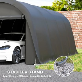 Outsunny přístřešek na auto 3 × 6 m – voděodolný úložný stan s odnímatelnými bočnicemi, velkými rolovacími dveřmi na zip, zakřivenou střechou, UPF50+…