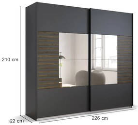 Šatní skříň se zrcadlem Barea, 226 cm, tmavě šedá/dub atlantic