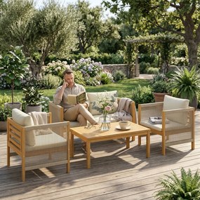 Outsunny 4dílná akáciová zahradní sada pro 4 osoby — 2místná sedačka, 2 křesla a konferenční stolek, béžová
