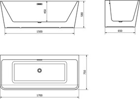 Mexen Volta, volně stojící nástěnná vana 170 x 75 cm, bílá-černá, černý matný přepad, 51131707575-70