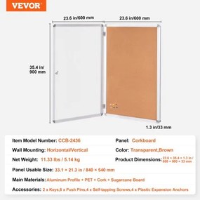 Uzavřená korková nástěnka 91,4 × 61 cm s hliníkovým rámem a uzamykatelnou nástěnkou