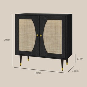 HOMCOM Buffet Skříňka s Dvojitými Dveřmi v Boho Stylu, 2 Úrovně, Ratanový Přední Panel 80 x 38 x 79 cm Černá | Aosom