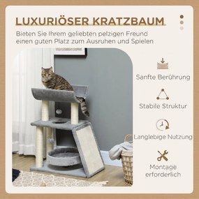 PawHut Kočičí škrabadlo s kočičím stromem 76cm výška se 4 škrabacími sloupky a U-čelní platformou, škrabací podložkou a závěsnými kuličkami, Světlá š…