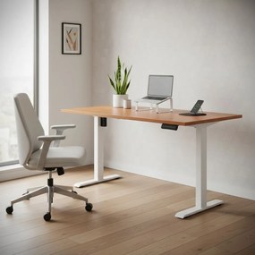 Výškově nastavitelný stůl OfficeTech B, 120 x 80 cm, bílá podnož, třešeň