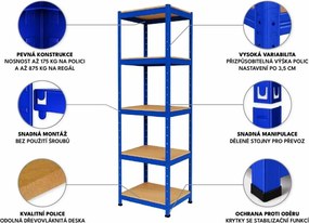 Regál 180x40x40 cm lakovaný 5-policový, nosnost 875 kg - modrý