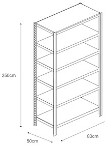 Bezšroubové kovové regál 250x80x50cm T profil, 6 polic