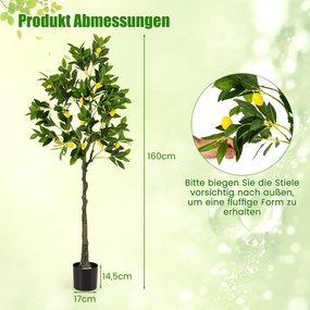 Costway Umělý citroník 160 cm v realistickém vzhledu s květináčkem a umělou