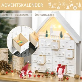 HOMCOM Adventní kalendář Vánoční dekorace, 24 zásuvek, LED světla, 39 cm x 9 cm x 42 cm, bílá + zelená 830-416