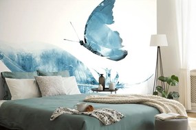 Samolepící tapeta pírko s motýlem v modrém provedení - 450x300 cm