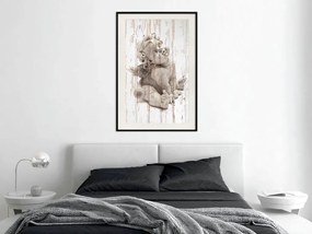 Plakát Zamyšlený amor - kamenná socha anděla na pozadí dřevěné textury