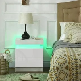 HOMCOM noční stolek s RGB LED světlem, vysokolesklá deska se 2 šuplíky pro obývací pokoj nebo ložnici, bílá