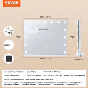 Hollywoodské toaletní zrcadlo se světly s USB stolním držákem na stěnu 57,9 × 46 cm