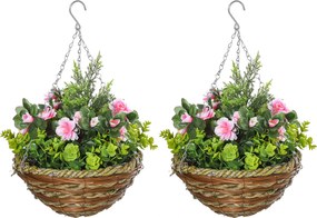 Outsunny Sada 2 Umělých Rostlin Lisianthus v Květináči s Háčkem, Umělé Rostliny z PE a Slinky, Ø25x34 cm, Zelená a Růžová | Aosom