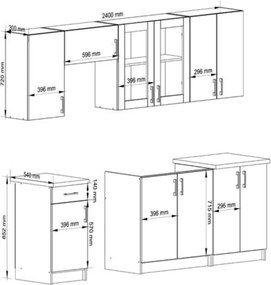 Kuchyňská linka Lima 240 cm prosklená bílá/dub sonoma