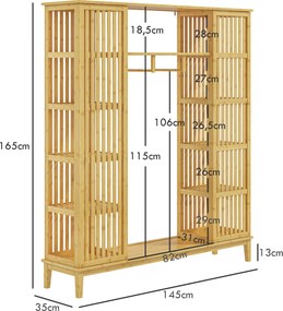 HOMCOM Bambusová skříň na oblečení se 2 posuvnými dveřmi, otevřenými policemi a tyčí do ložnice, 145 x 35 x 165 cm, přírodní dřevo