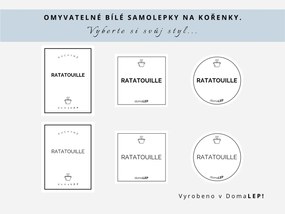 RATATOUILLE - omyvatelná samolepka na kořenky, výběr rozměrů Ø 5 cm / 5 x 5 cm / 6 x 8 cm | DomaLEP tvar: KOLEČKO, barva: BÍLÁ - ČERNÉ písmo, velikost: Ø 5 cm - tučné písmo