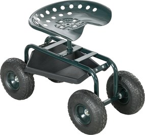 Outsunny Pohyblivý Pracovní Vozík se Skladovacím Košem, Mobilní Vozík s Otočným Sedadlem pro Zahradní Nástroje