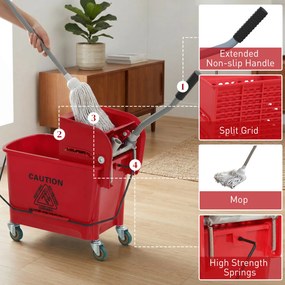 HOMCOM kyblík na vytírání s ždímacím zařízením, přepážkou na oddělení vody a kolečky, objem 20 l pro domácí úklid, 45x26,5x70 cm, červený