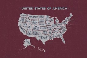Tapeta naučná mapa USA s bordovým pozadím - 450x300 cm