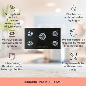 Klarstein Trifecta 5, plynová varná deska, 5 trojúhelníkových hořáků, sklokeramika, černá