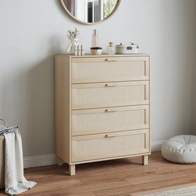 HOMCOM komoda se 4 zásuvkami, ratanový vzor, rozměry 80D x 40Š x 103V cm, MDF světlé dřevo