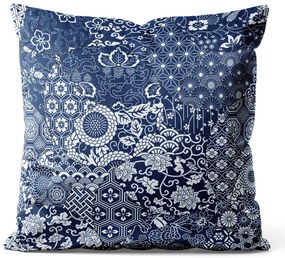 Dekorační velurový polštář Květinová mozaika - kompozice v odstínech modré a bílé barvy