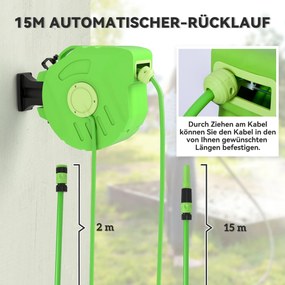 Outsunny Automatický Navíječ Hadice 15+1,5m – Zelená, 180° Otočný Hadicový Navíječ do Zahrady