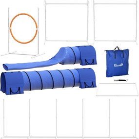 PawHut Sada agility pro psy, 7-dílná tréninková sada s nastavitelnými překážkami, tyčemi, pauzovací krabicí, tunelem, skákacím kroužkem, trojdílnou př