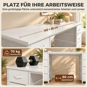 HOMCOM psací stůl 140 cm s 8 látkovými zásuvkami, bílý