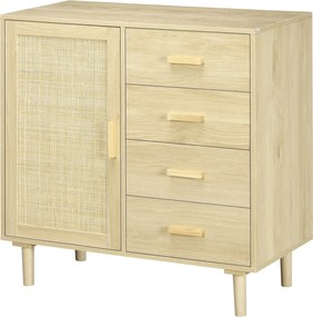Úložný kabinet HOMCOM z ratanu s dvířky z proutí a 4 zásuvkami, do jídelny, obývacího pokoje, ložnice, 80 x 38 x 80,5 cm, efekt přirozeného dřeva | Ao