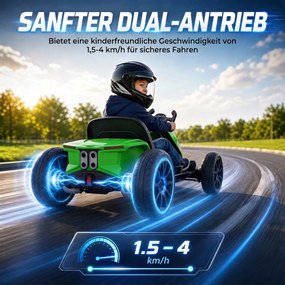 AIYAPLAY Elektro Go-Kart pro děti 12V Gokart s 2 motory, 4násobně nastavitelným sedadlem, plynulý start, EVA kola, LED světlomety 370-518V90GN