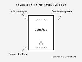 CEREÁLIE - omyvatelná samolepka na dózu, výběr rozměrů Ø 5 cm / 5 x 5 cm / 6 x 8 cm | DomaLEP tvar: OBDÉLNÍK, barva: BÍLÁ - ČERNÉ písmo, velikost: š. 6 cm x v. 8 cm - tučné písmo