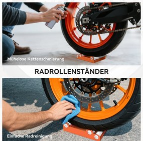 HOMCOM Stojan na čištění motocyklových kol - pomůcka pro otáčení kol vzadu, pomoc při čištění pneumatik a péče o řetěz pro čištění pneumatik a mazání…