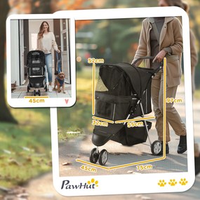 Skládací kočárek PawHut pro psy - kočárek pro malé psy s úložným košíkem, síťovými okny a 2 univerzálními koly, nosnost 15 kg, rozměry 75x45x97 cm, č…