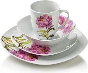 Porcelánová jídelní sada s hrníčkem LEA Peony 16 ks bílá/růžová