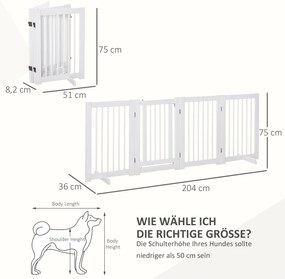 4dílná zábrana pro psy, 204 x 75 cm Skládací bezpečnostní branka s dvířky, volně stojící branka pro psy se 2 podpěrnými nohami, dřevěná schodišťová b…
