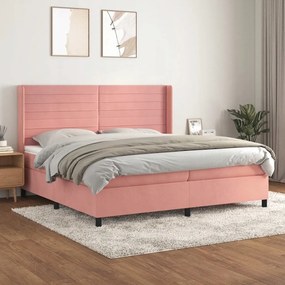 Box Spring Postel S Matrací Samet Růžová vodorovné pruhy 200 x 200 cm