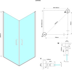 Gelco LORO čtvercový sprchový kout 90 x 90 x 200 cm rohový vstup jednokřídlé chrom čiré sklo GN4990-01