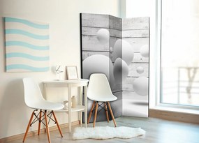 Pokojová zástěna Koule - iluze abstraktních 3D tvarů na pozadí šedých dřevěných prken