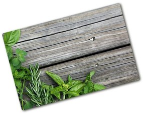 Wallmuralia Kuchyňská deska skleněná Dřevěné pozadí bylinky 80x52 cm