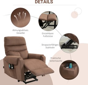 HOMCOM TV křeslo polohovací elektrické s masážní funkcí vyhřívání polohovací funkce polyester světle hnědá 79x97x103cm pro pohodlí a relaxaci