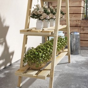 Outsunny Pyramidový skládací dřevěný květinový stojan - Dřevěný stojan na rostliny se 3 policemi - Rozměry 100D x 36Š x 112V cm - Světlé masivní smrk