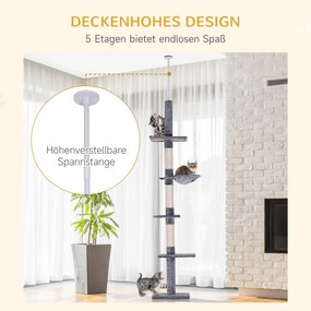 PawHut škrabadlo stropní vysoké šedé 40x34x230-260cm, výškově nastavitelný strom pro kočky se sisalovými sloupky pro šplhání a škrábání