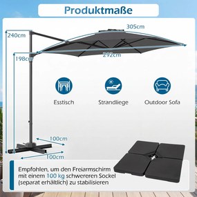 Costway 3 m slunečník s 360° rotací ventilační otvor křížová základna – šedá