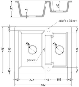 Mexen Carlos 1,5-miskový granitový dřez 582 x 475 mm, Černá, sifon Černá - 6518581500-77-B