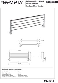 Bemeta Design OMEGA: Držák ručníků, 600 mm, výklopný -