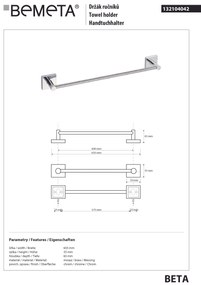 Bemeta Design BETA: Držák ručníků, 600 mm -