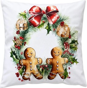 Dekorační vánoční polštář s motivem věnce a perníčků - 45*45*4 cm