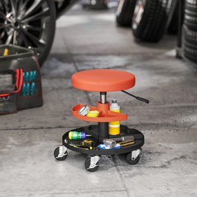 HOMCOM Pojezdný pracovní stolička, mechanická stolička s nastavitelnou výškou 40-51 cm, 2 odkládací plochy na nástroje, otáčecí sedadlo s max. zatíže…