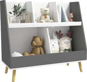 HOMCOM Dětská Knihovna se 2 Policemi, Kočárek na Hračky se 5 Přihrádkami a Zařízením proti Převržení, 80x34x72.5cm, Šedá | Aosom